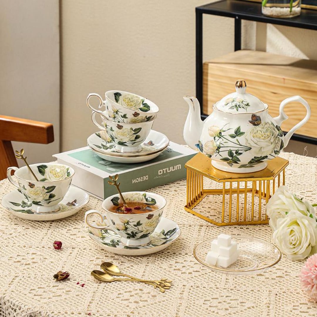 White Rose Ceramic Tea Set, Personalized Coffee Set, Afternoon Tea Set ...