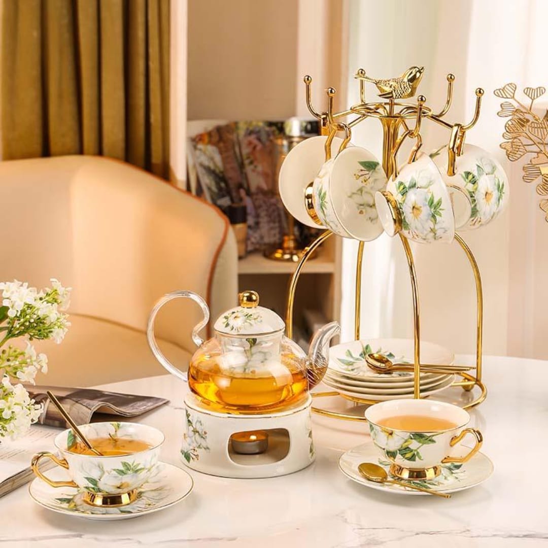 Pastoral Style Ceramic Tea Set, Candle Heater Flower Teapot, Afternoon ...