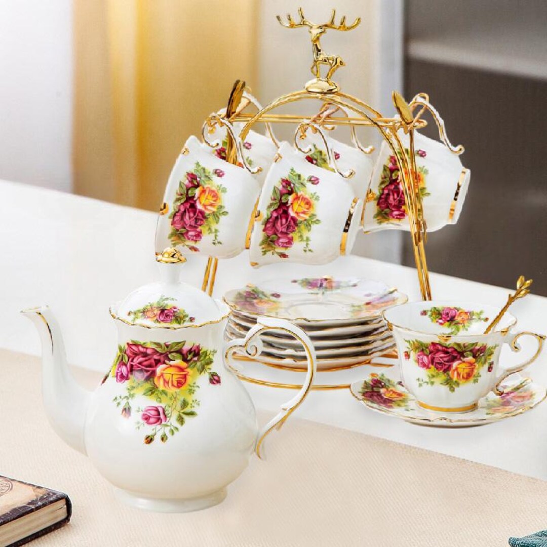 Rose Coffee Cup and Saucer Set, Floral Ceramic Tea Set, Floral Teapot ...