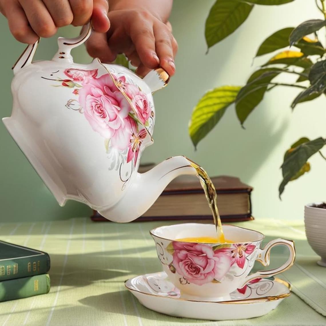 Pink Floral Ceramic Tea Set, Teapot Tea Set, European Afternoon Tea Set ...