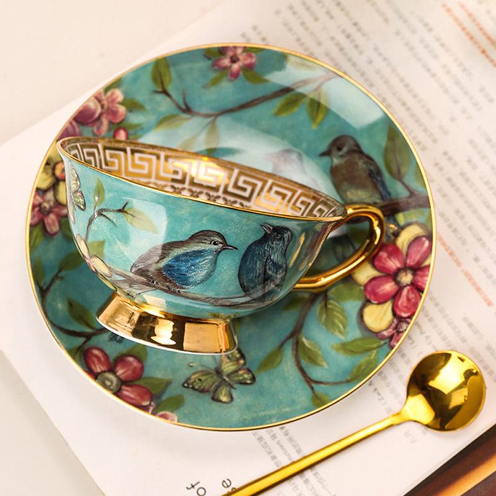 Blue Ceramic Tea Set, European Flower Bird Ceramic Coffee Set, Flower ...