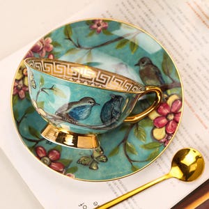 Blue Ceramic Tea Set, European Flower Bird Ceramic Coffee Set, Flower ...