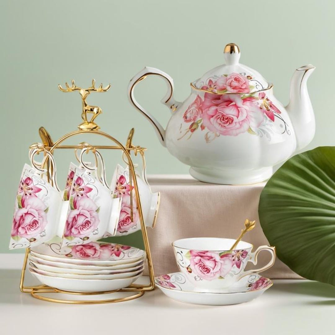 Pink Floral Ceramic Tea Set, Teapot Tea Set, European Afternoon Tea Set ...