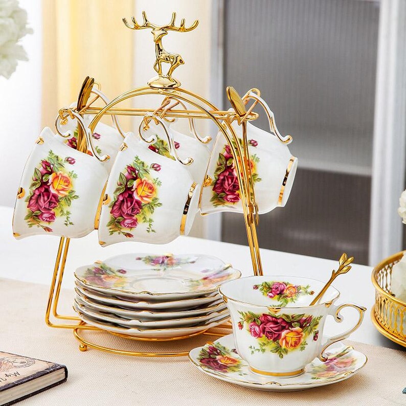 Rose Coffee Cup and Saucer Set, Floral Ceramic Tea Set, Floral Teapot ...