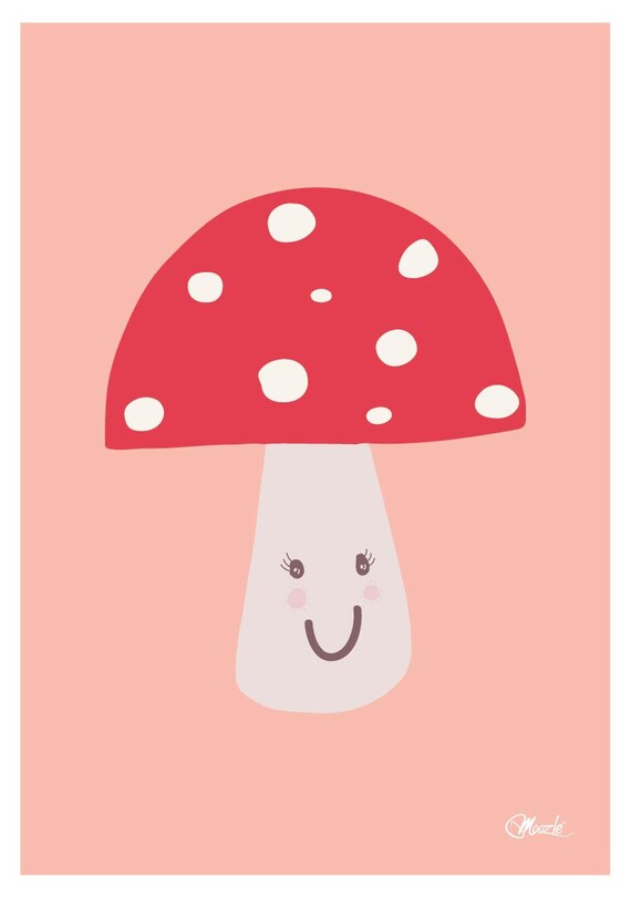 Happy Toadstool Poster in Pink | Etsy