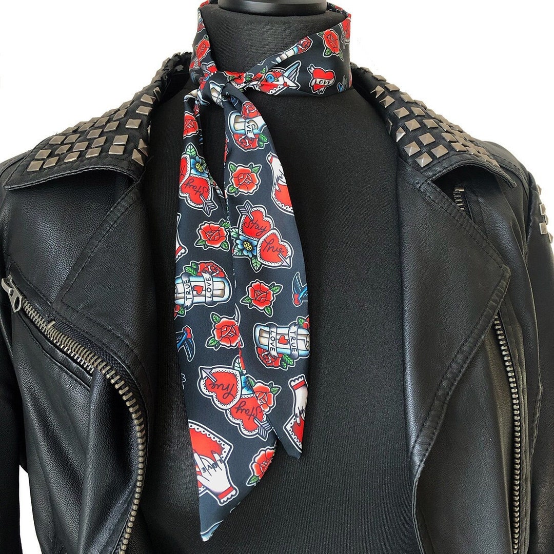 Tattoo Love Print Skinny Scarf: Rock & Roll Faux Silk Neck Scarf - Etsy