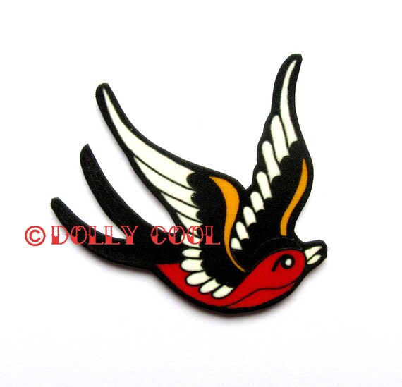Swallow Brooch Sparrow Pin Tattoo Style Black & Red by Dolly | Etsy