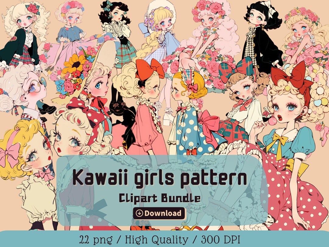 Kawaii Retro Girls Clipart Bundle, Fashion PNG Graphics (commercial Use ...