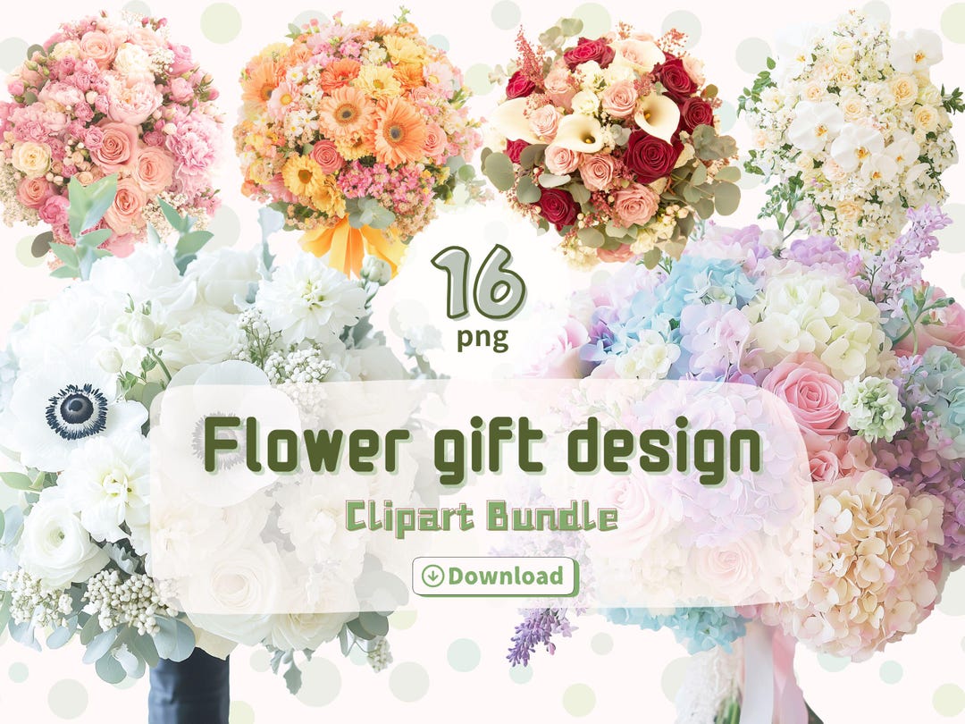 Flower Gift Design Clipart , Bouquet , Prints, Gift Card, Digital ...