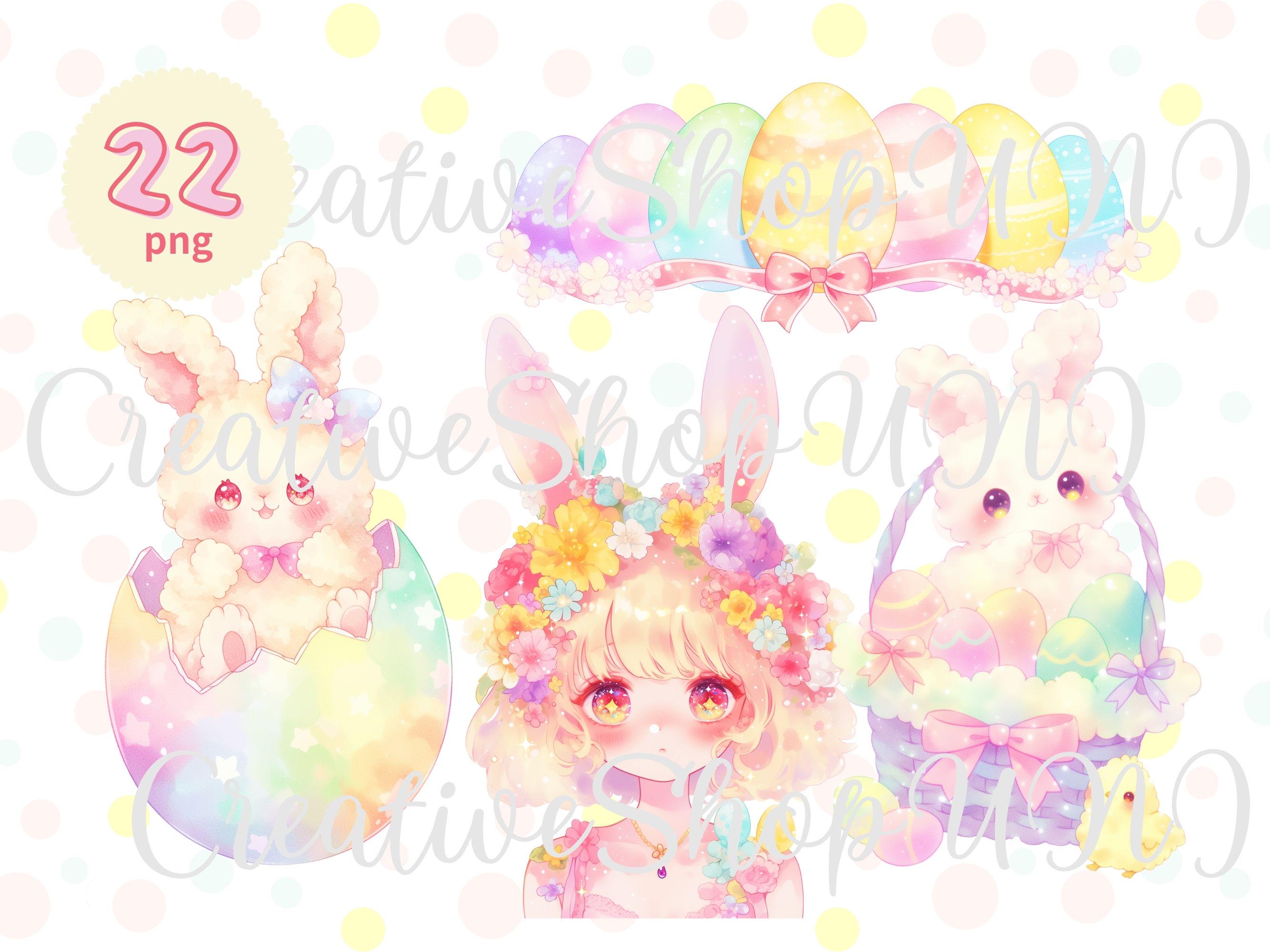 Kawaii Easter Clipart Bundle: Bunny, Eggs, Chick (PNG, Digital Download ...