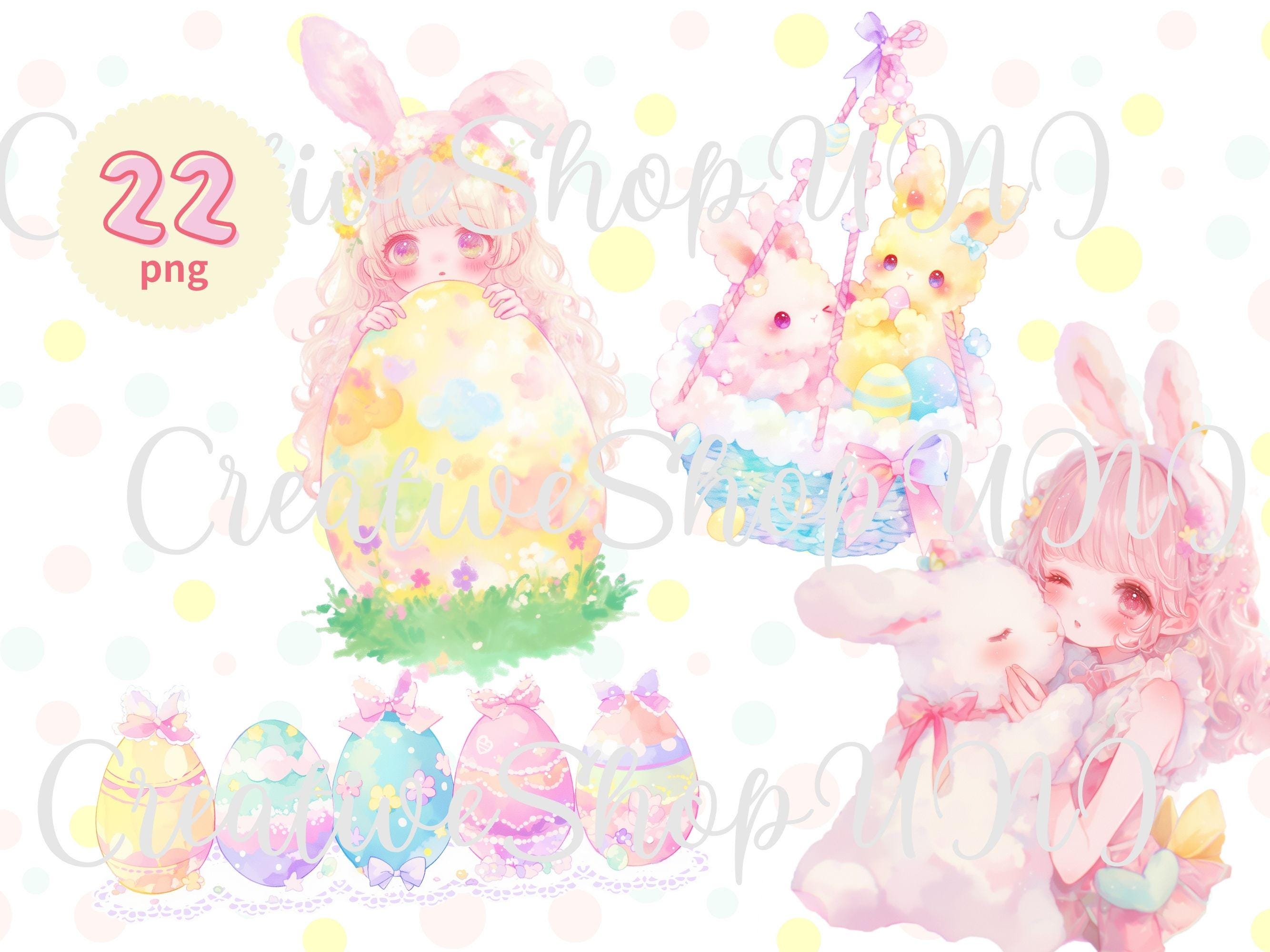 Kawaii Easter Clipart Bundle: Bunny, Eggs, Chick (PNG, Digital Download ...