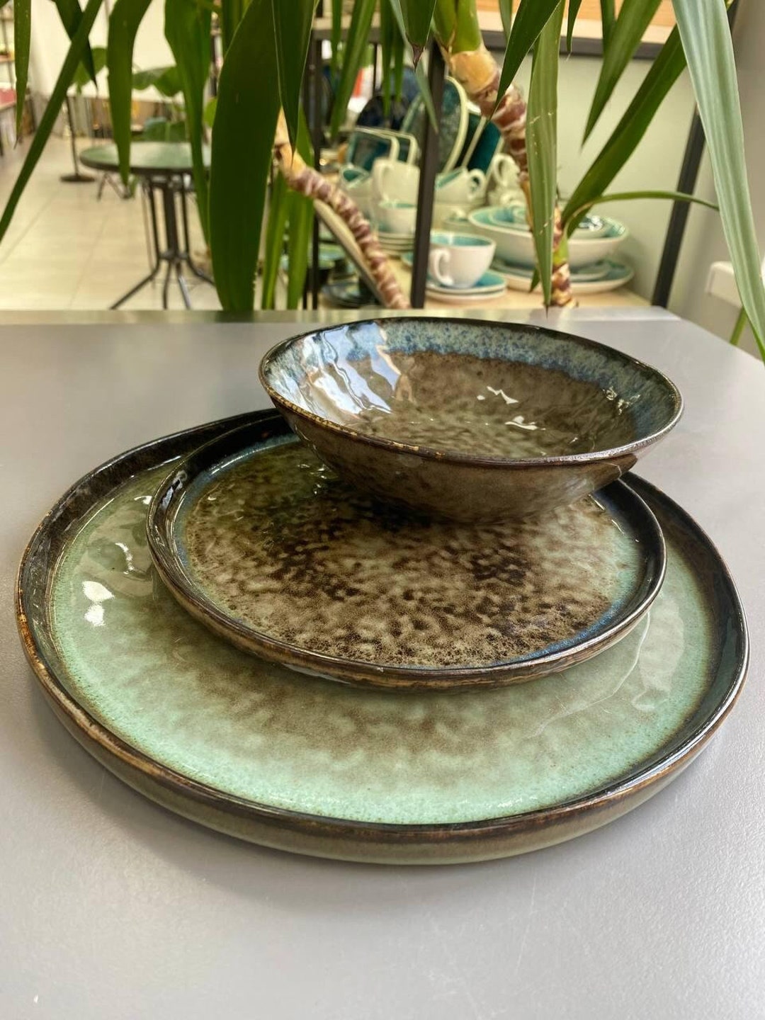 Green Ceramic Dinnerware Set Handmade | Olive Stoneware Plates & Bowls ...
