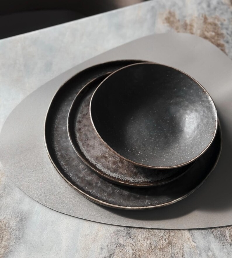 Gray Ceramic Dinnerware Set Handmade | Dark Stoneware Plates & Cup ...