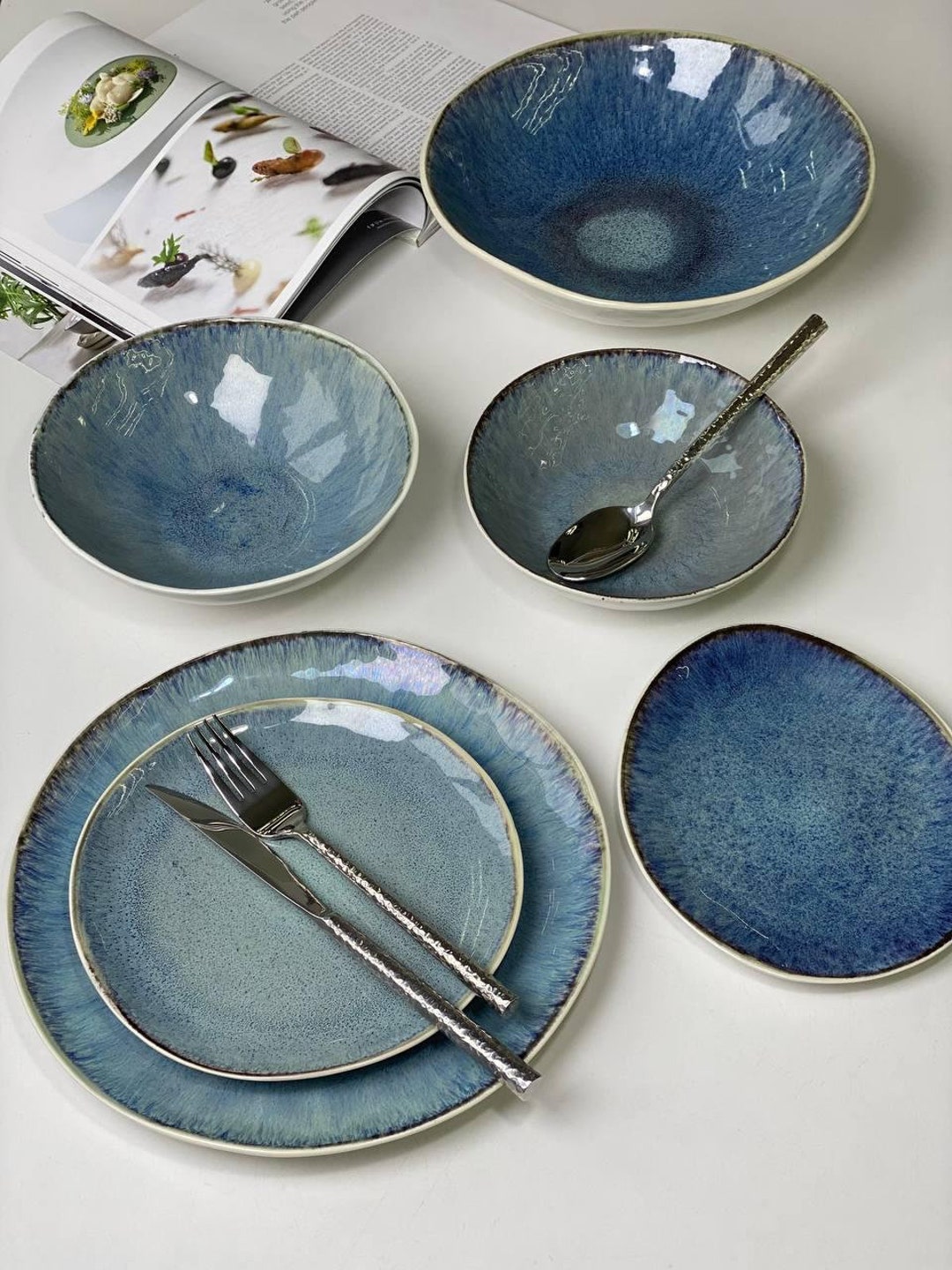 Blue Ceramic Dinnerware Set | Ocean Glaze Stoneware Plates & Bowls ...