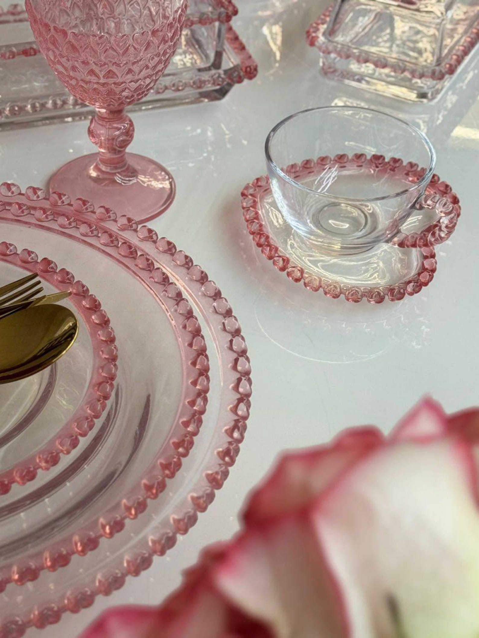 Beaded-edge Pink Glass Tableware Set | Handmade Romantic Dinnerware ...