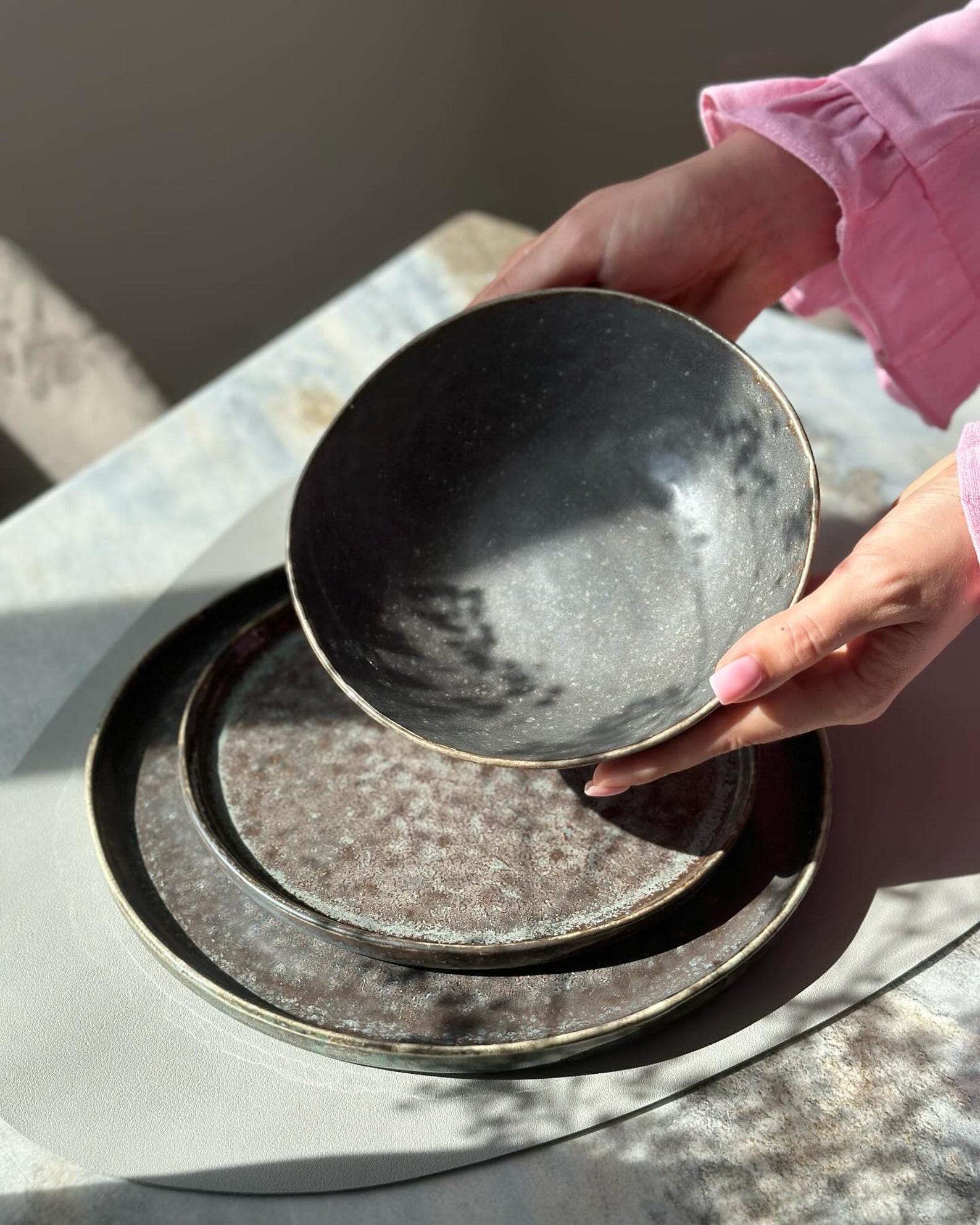 Gray Ceramic Dinnerware Set Handmade | Dark Stoneware Plates & Cup ...