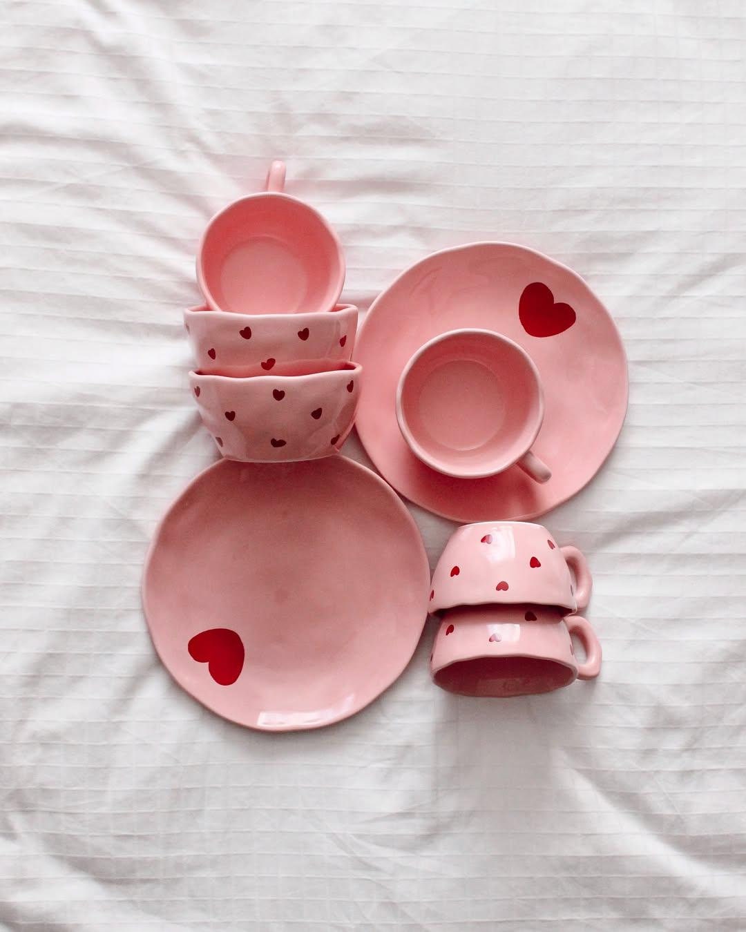 Pink Dinner Set, Valentine's Day Dishes, Heart Shaped Plates, Pink ...