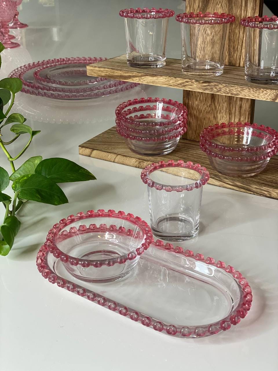 Beaded-edge Pink Glass Tableware Set | Handmade Romantic Dinnerware ...