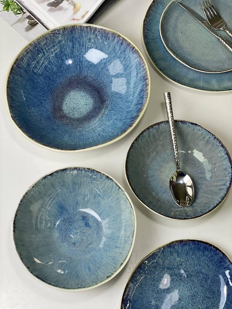 Blue Ceramic Dinnerware Set | Ocean Glaze Stoneware Plates & Bowls ...