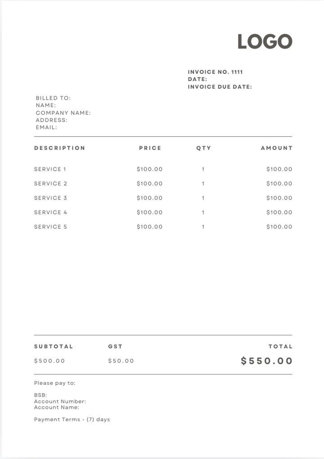 Editable Service Agreement and Invoice Template - Etsy