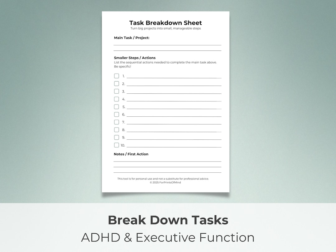 Task Breakdown Sheet for ADHD | Printable Project Planner & Executive ...