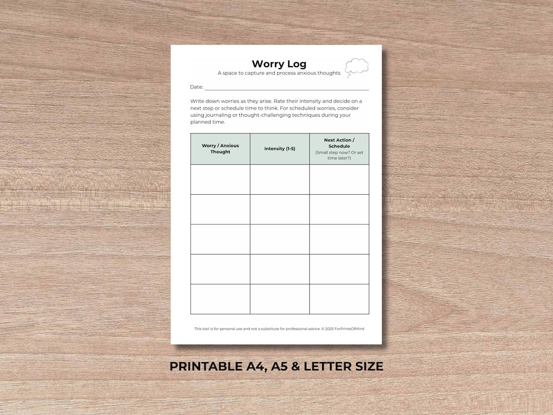 Simple Worry Log Printable | Anxiety Relief Worksheet | Mental Wellness ...
