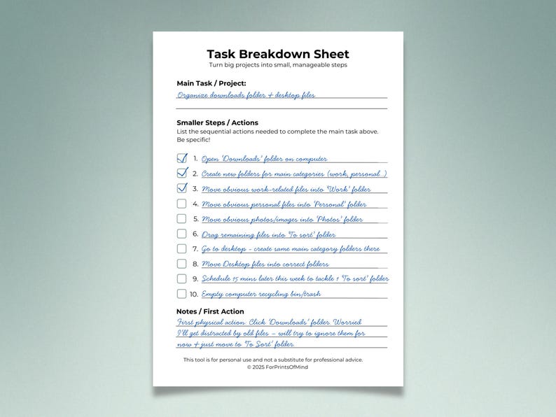 Task Breakdown Sheet for ADHD | Printable Project Planner & Executive ...