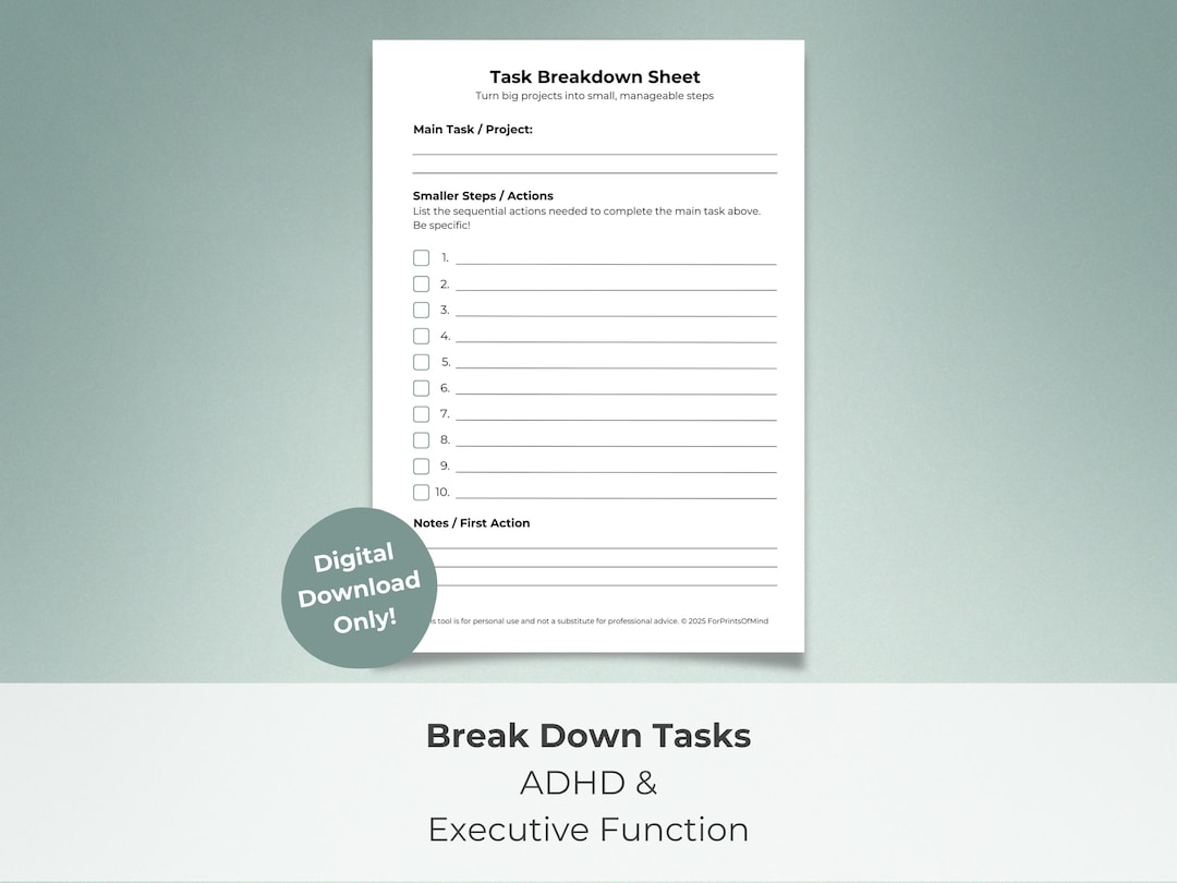 Task Breakdown Sheet for ADHD | Printable Project Planner & Executive ...