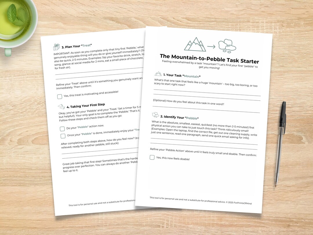 ADHD Task Initiation Worksheet: Mountain to Pebble Procrastination ...