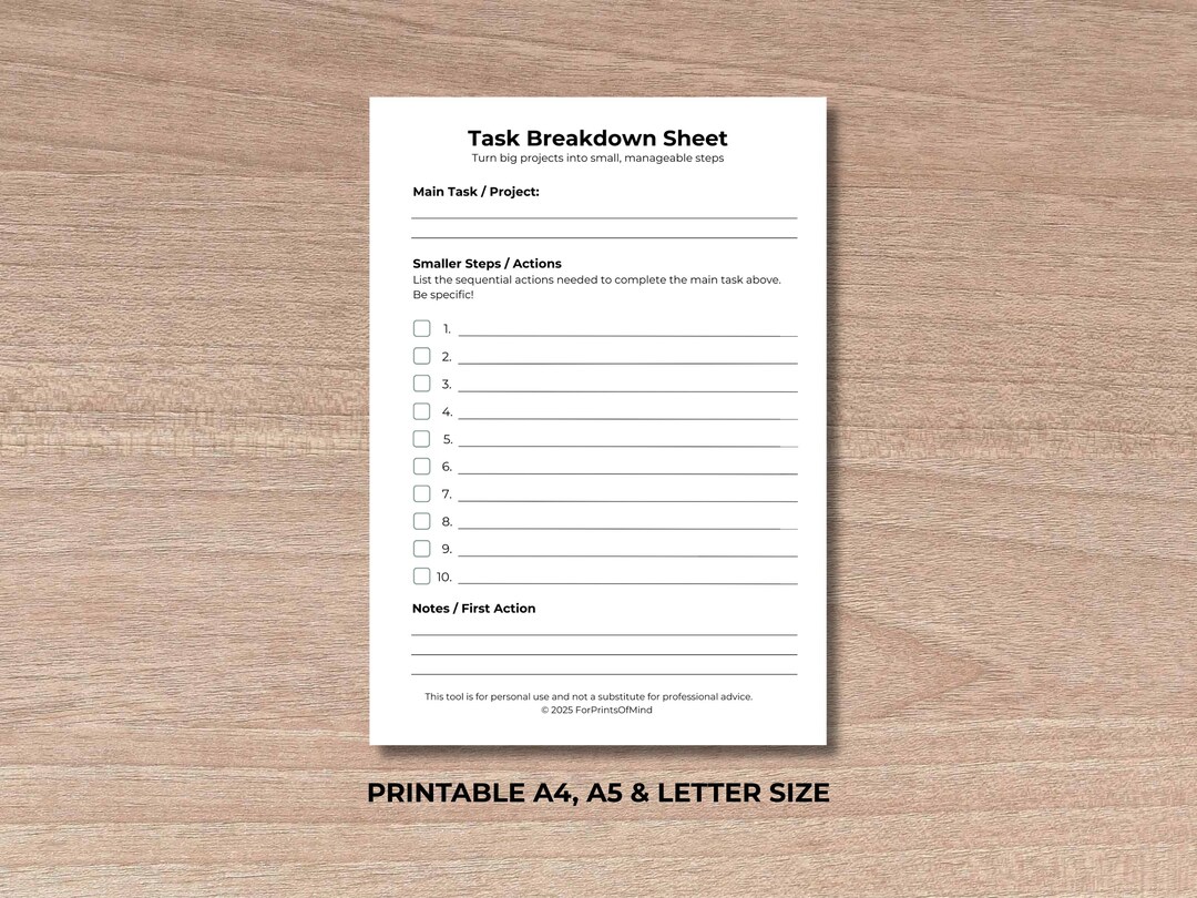 Task Breakdown Sheet | Project Planning Tool for ADHD & Executive ...