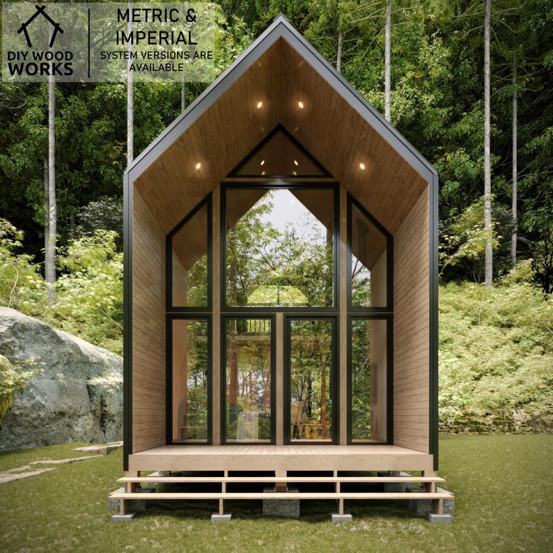 Modern Tiny House DIY Plan: Gable Roof Cabin With Floor-to-ceiling ...