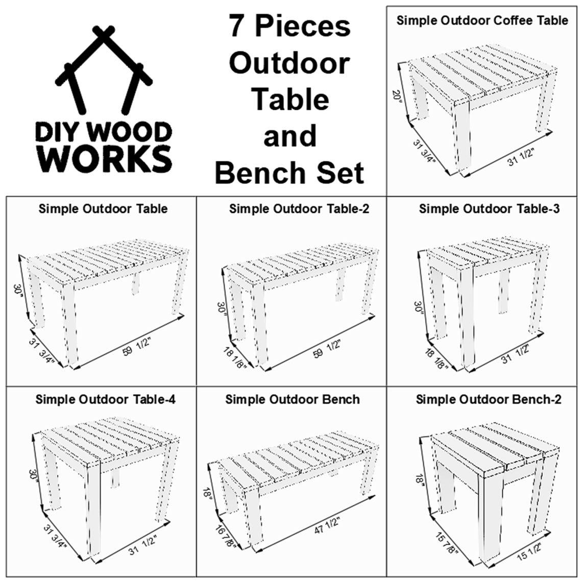 7-piece Outdoors Table and Bench Seating Set – DIY Handmade Bench ...
