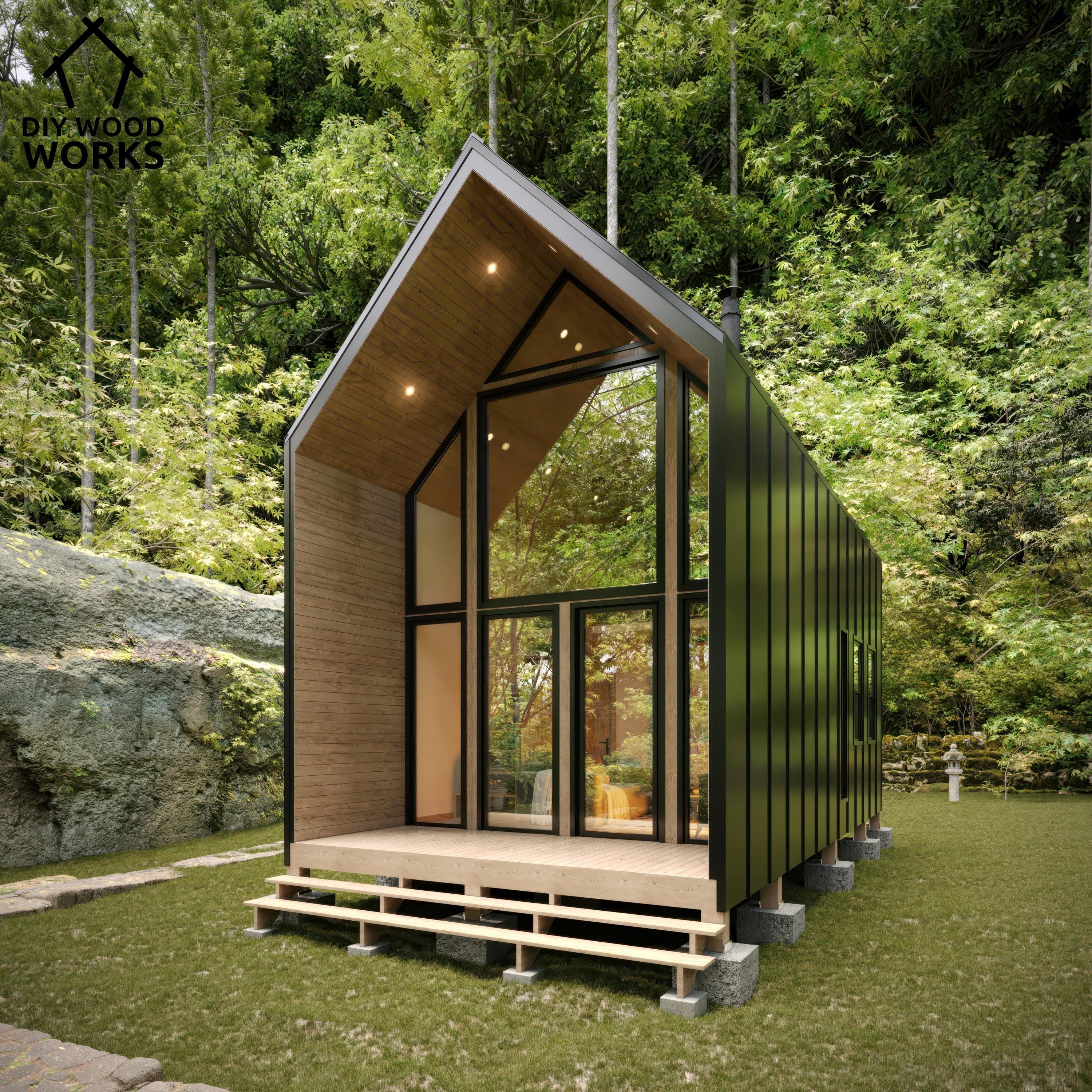 Modern Tiny House DIY Plan: Gable Roof Cabin With Floor-to-ceiling ...