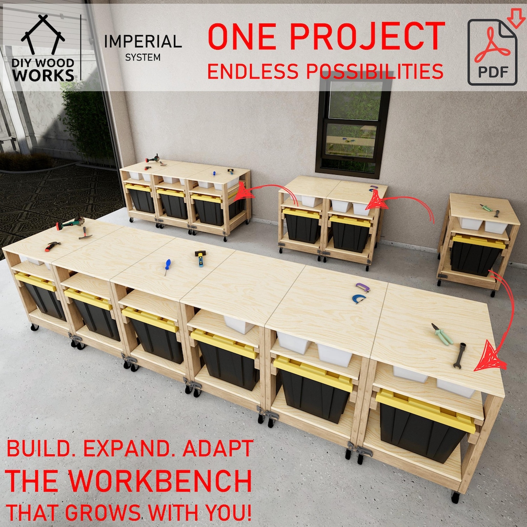 Modular Wooded Work Bench With 27 Gallon Tote Rack – Customizable ...
