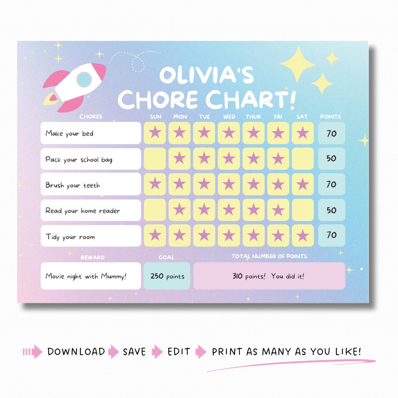 Editable Rocket Reward Chart, Pastel Colours, Chore Chart, Printable ...