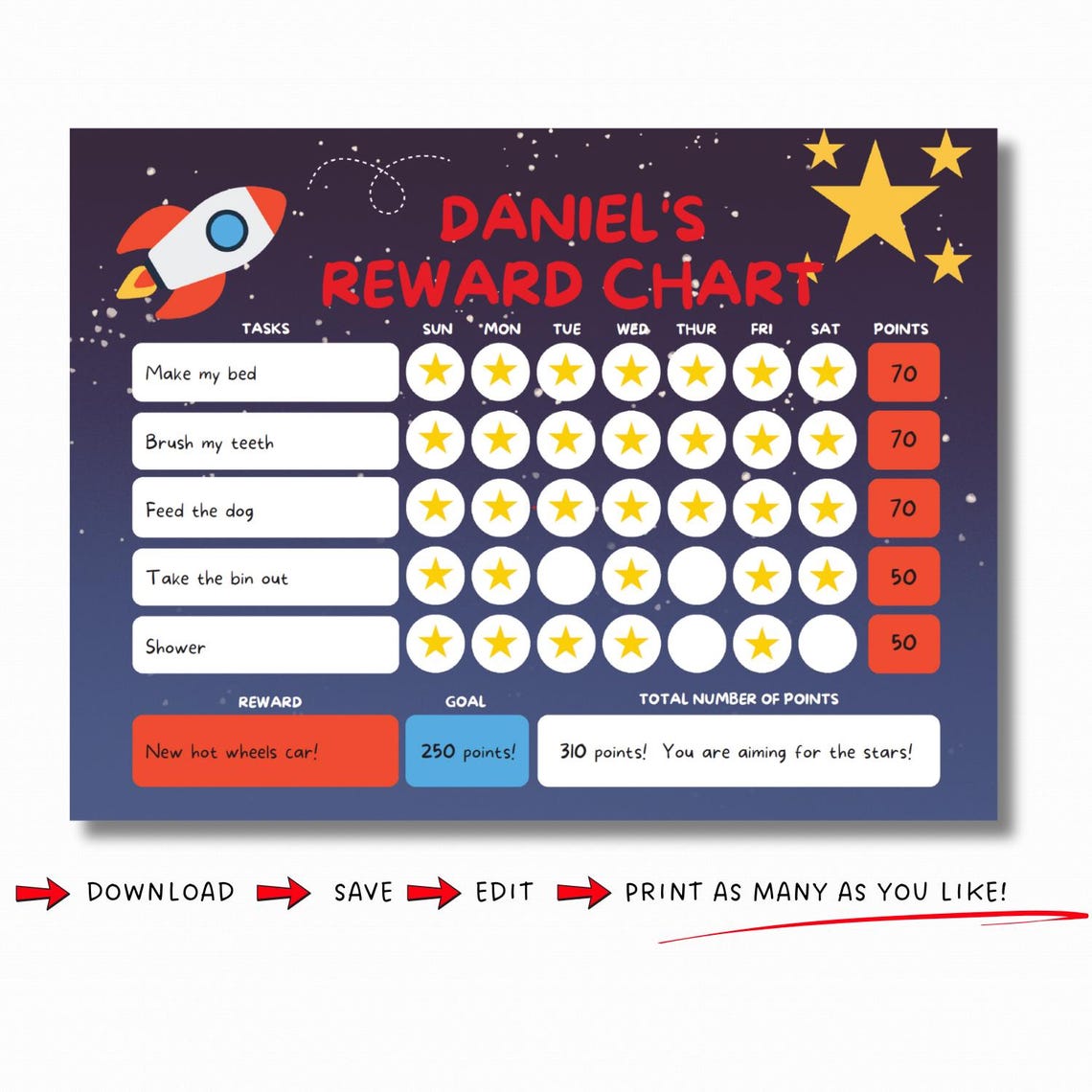 Editable Rocket Reward Chart, Space Theme, Chore Chart, Printable ...