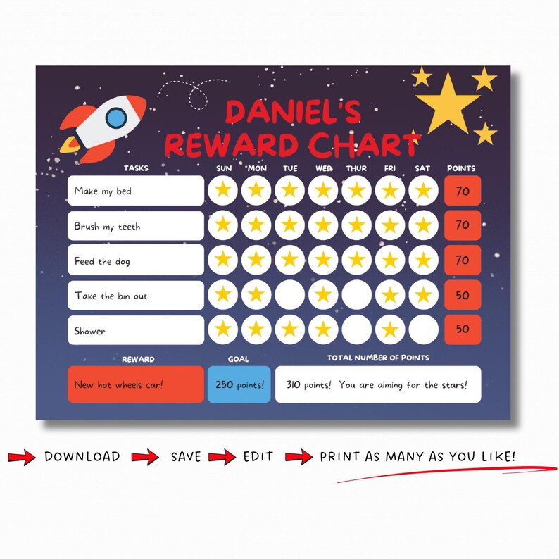 Editable Rocket Reward Chart, Space Theme, Chore Chart, Printable ...