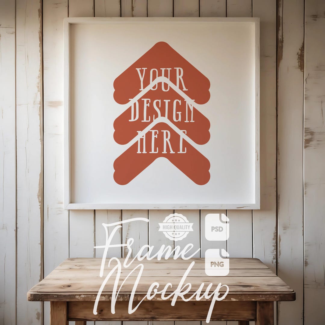 Rustic Shiplap Wall Art Mockup: Square White Frame Mock up (PSD & PNG ...