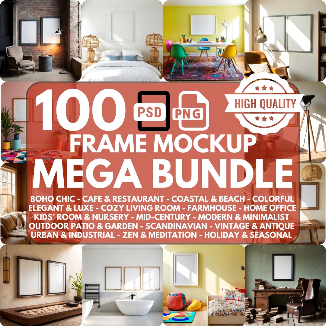 Frame Mockups Mega Bundle: 100 PSD & PNG, Wall Art Mockup Set, Artwork ...