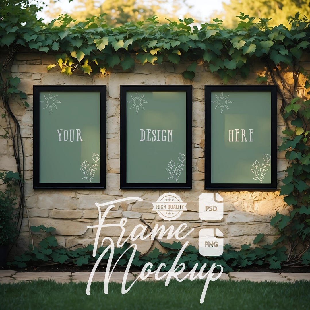 Garden Frame Mockup Set of 3 2:3 Wall Art Mock up Black Frame Outdoor ...