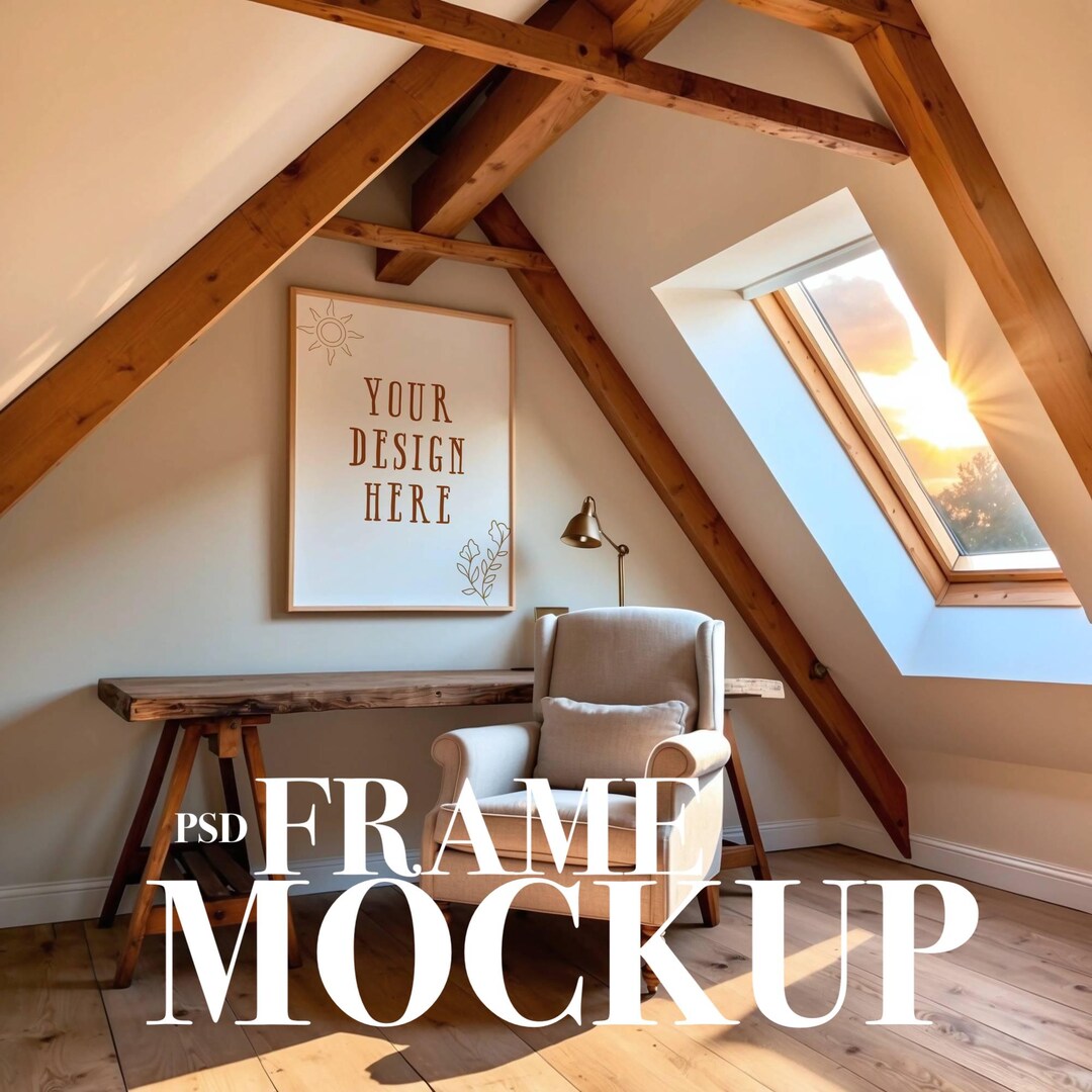 Wall Art Mockup Attic Home Office Wooden Frame Rustic Workspace ...
