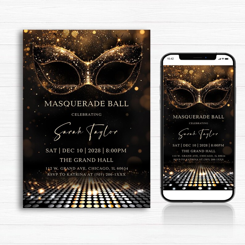 Editable Black and Gold Masquerade Ball Invite Printable, Elegant ...