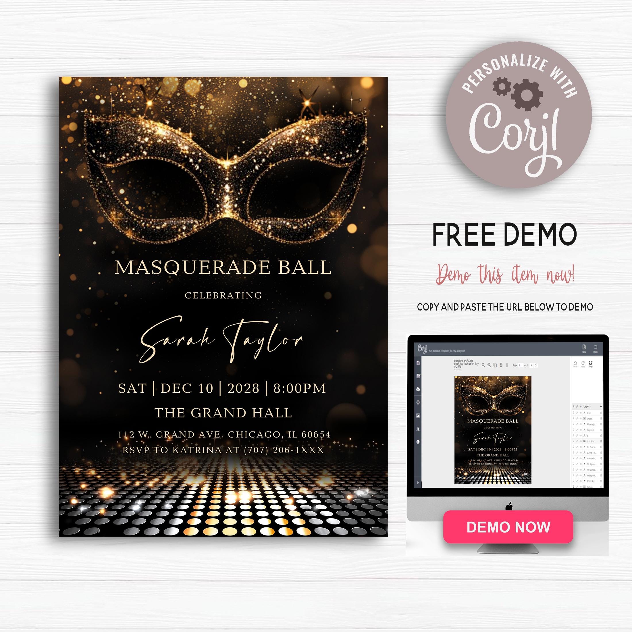 Editable Black and Gold Masquerade Ball Invite Printable, Elegant ...