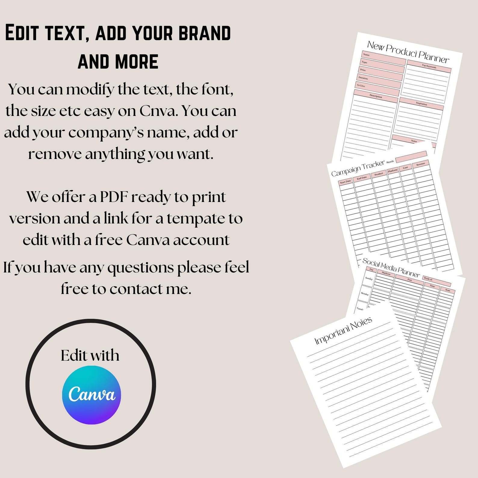 Minimalist Editable Business Planner, Printable Business Planner Bundle ...