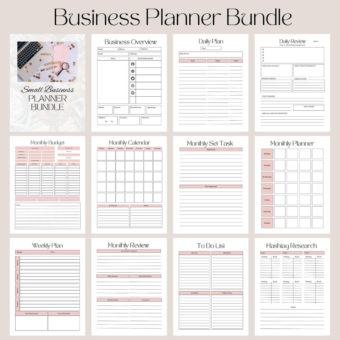 Minimalist Editable Business Planner, Printable Business Planner Bundle ...