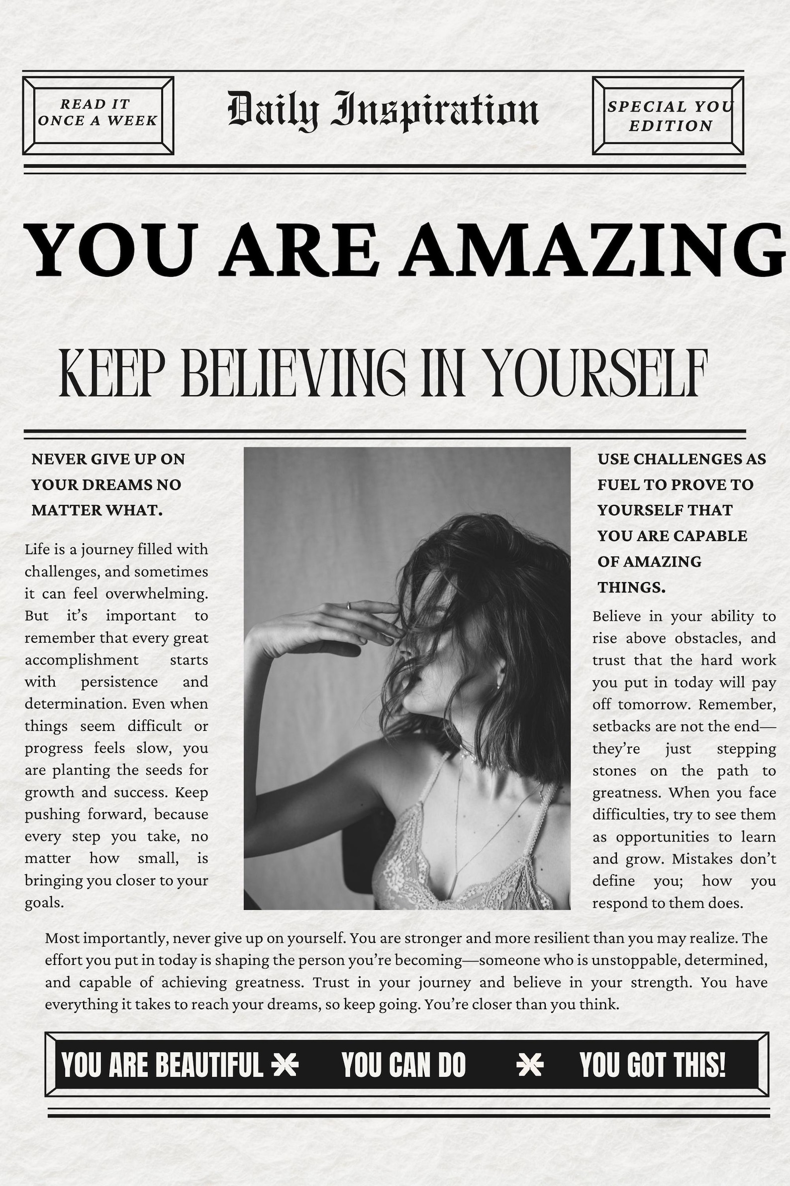 Positive Encouragement Poster, Newspaper Style Black and White, Modern ...