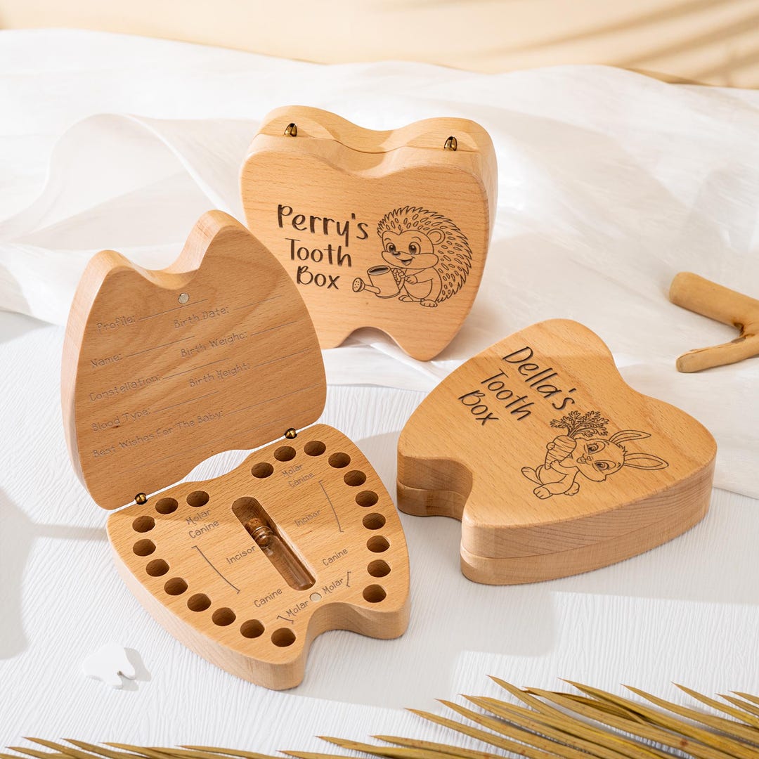 Custom Wooden Baby Tooth Storage Box With Animal,engraved Milk Tooth ...