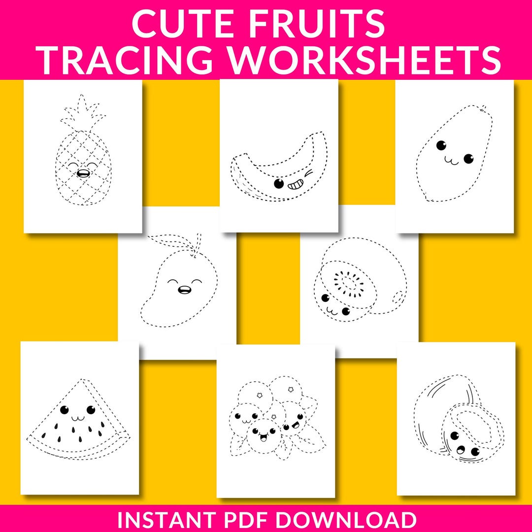 Kawaii ,cute,line Tracing Worksheets,fruits Tracing,line Trace Page ...