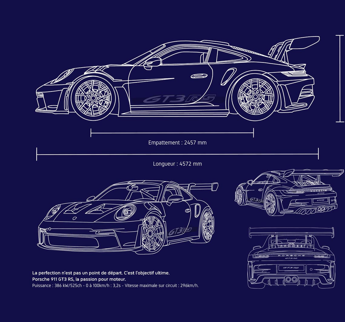 Canvas Print - Porsche 911 GT3 RS - Detailed Technical Drawing Navy ...