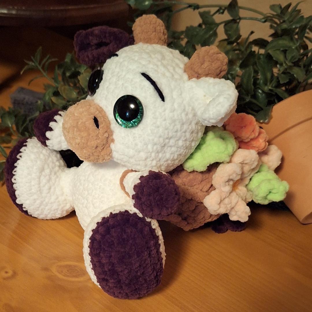 Cow Plushie Backpack of Flowers Amigurumi Crochet Handmade Cute Gift - Etsy